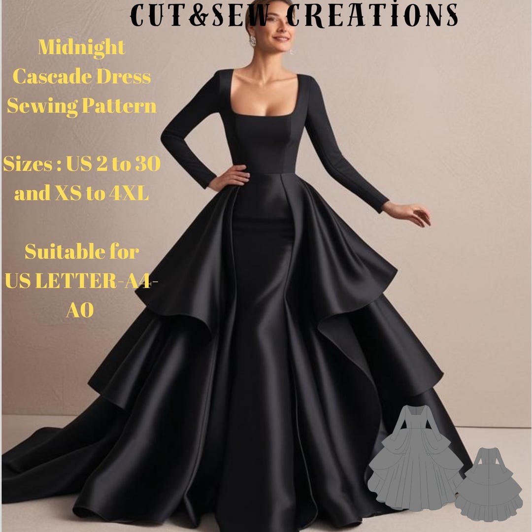 Midnight Cascade Dress Sewing Pattern,sizes ;US 2 to 30 and XS to 4xl ...