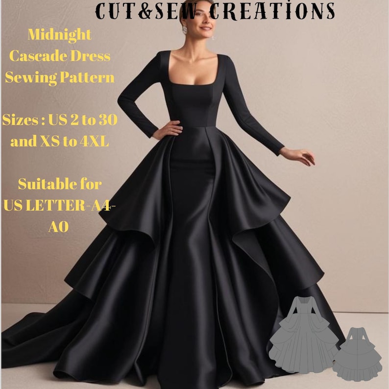 Midnight Cascade Dress Sewing Pattern,sizes ;US 2 to 30 and XS to 4xl ...