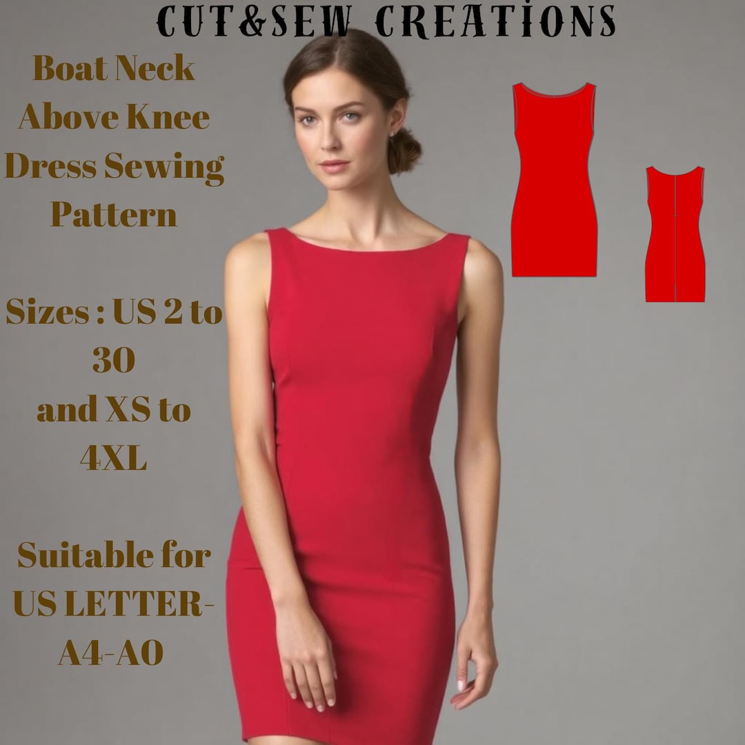 Boat Neck Above Knee Dress Sewing Pattern,sizes ;US 2 to 30 and XS to ...