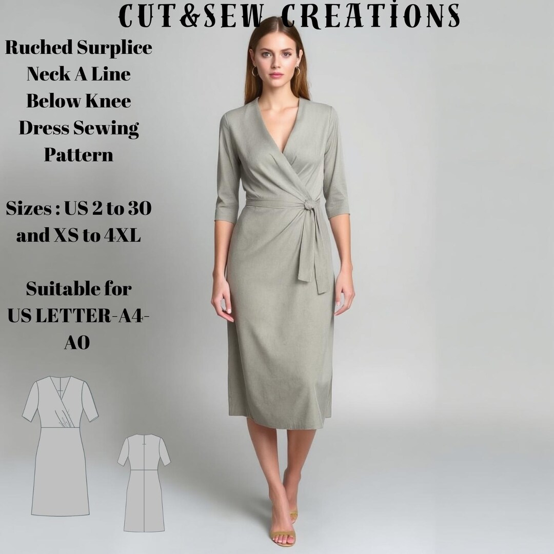 Ruched Surplice Neck A Line Below Knee Dress Sewing Pattern,sizes ;US 2 ...