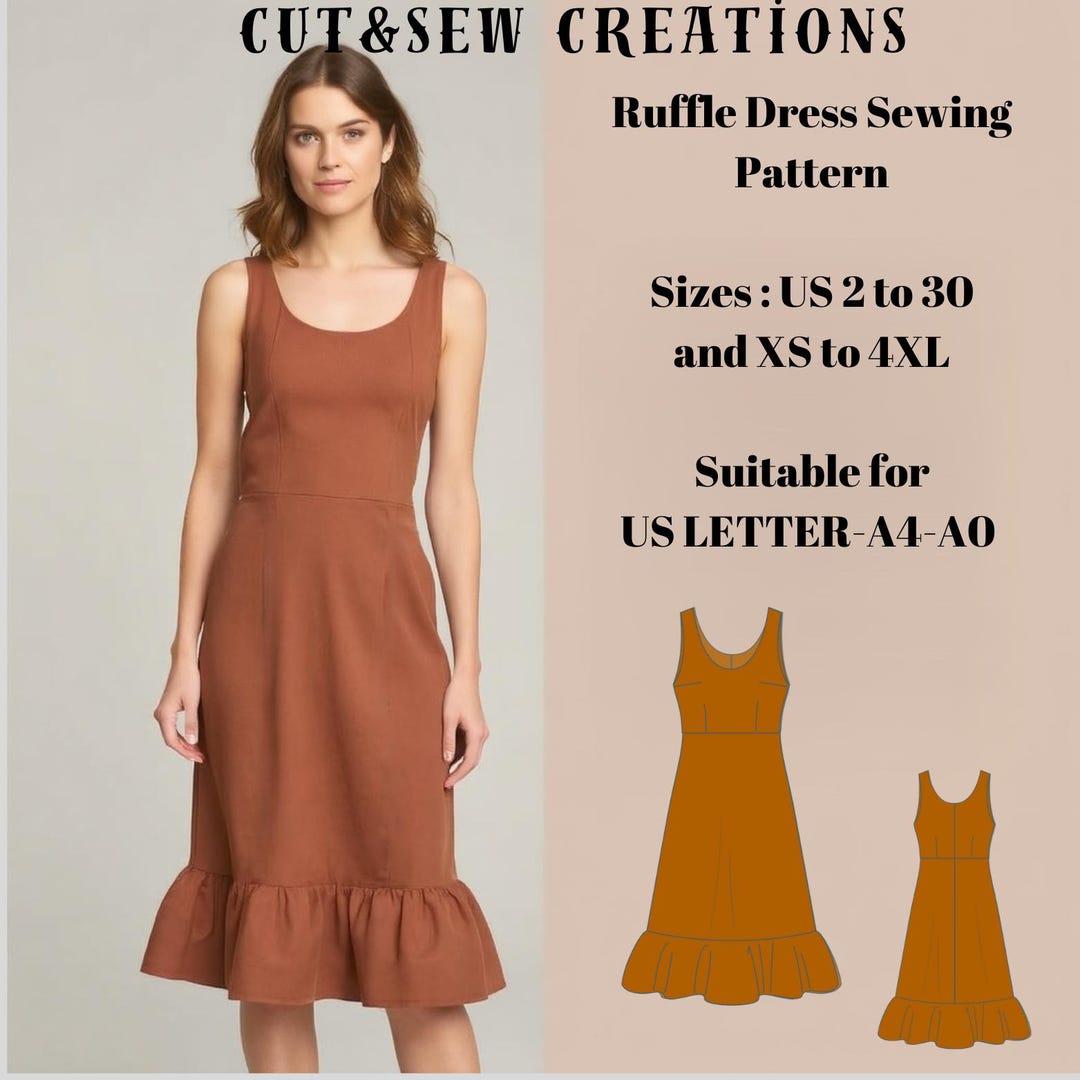 Ruffle Dress Sewing Pattern,sizes ;US 2 to 30 and XS to 4xl,suitable A0 ...