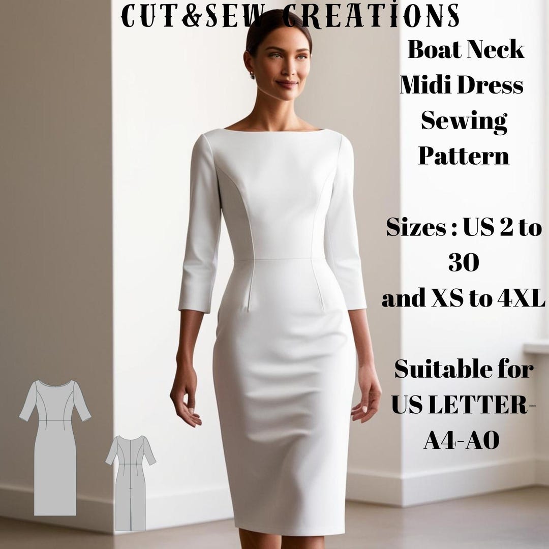 Boat Neck Midi Dress With Sleeve, Sewing Pattern,sizes ;US 2 to 30 and ...