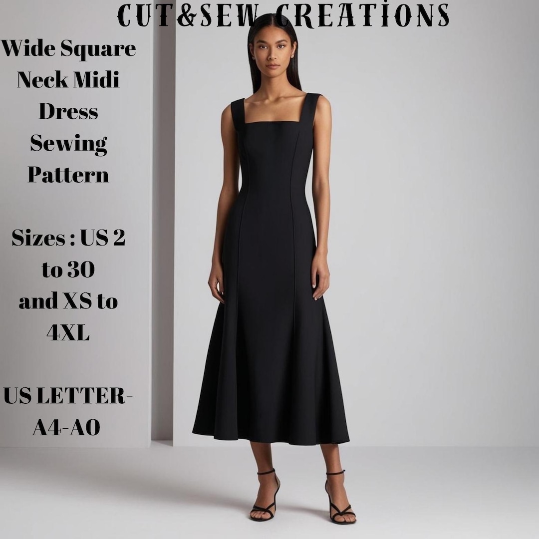 Wide Square Neck Midi Dress Sewing Pattern – Available in US Sizes 2-30 ...