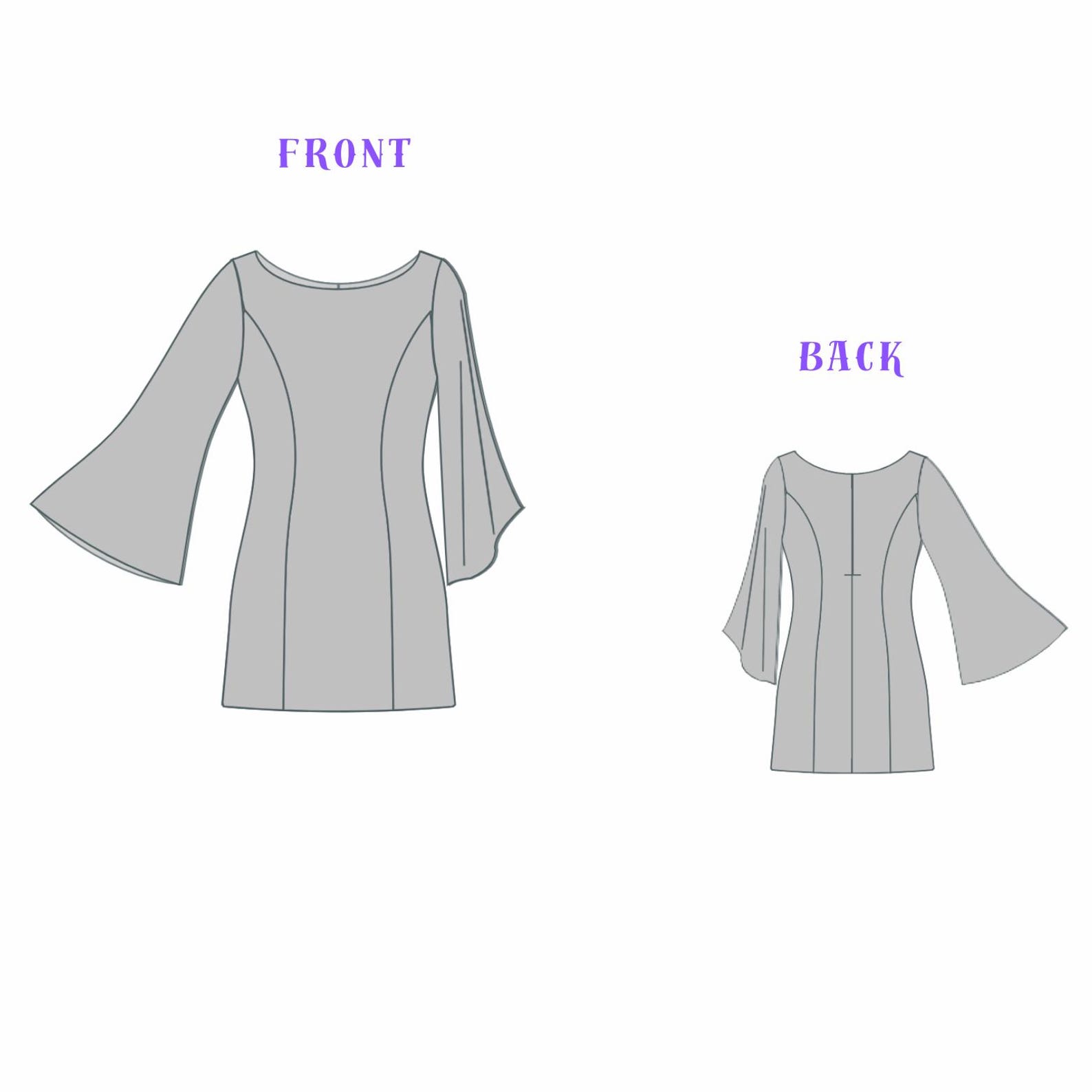 Boat Neck Bell Sleeve A Line Mini Dress Sewing Pattern,sizes ;US 2 to ...