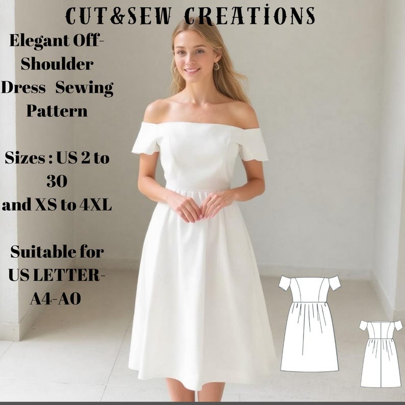 Elegant Off-shoulder Dress Sewing Pattern,sizes ;US 2 to 30 and XS to ...