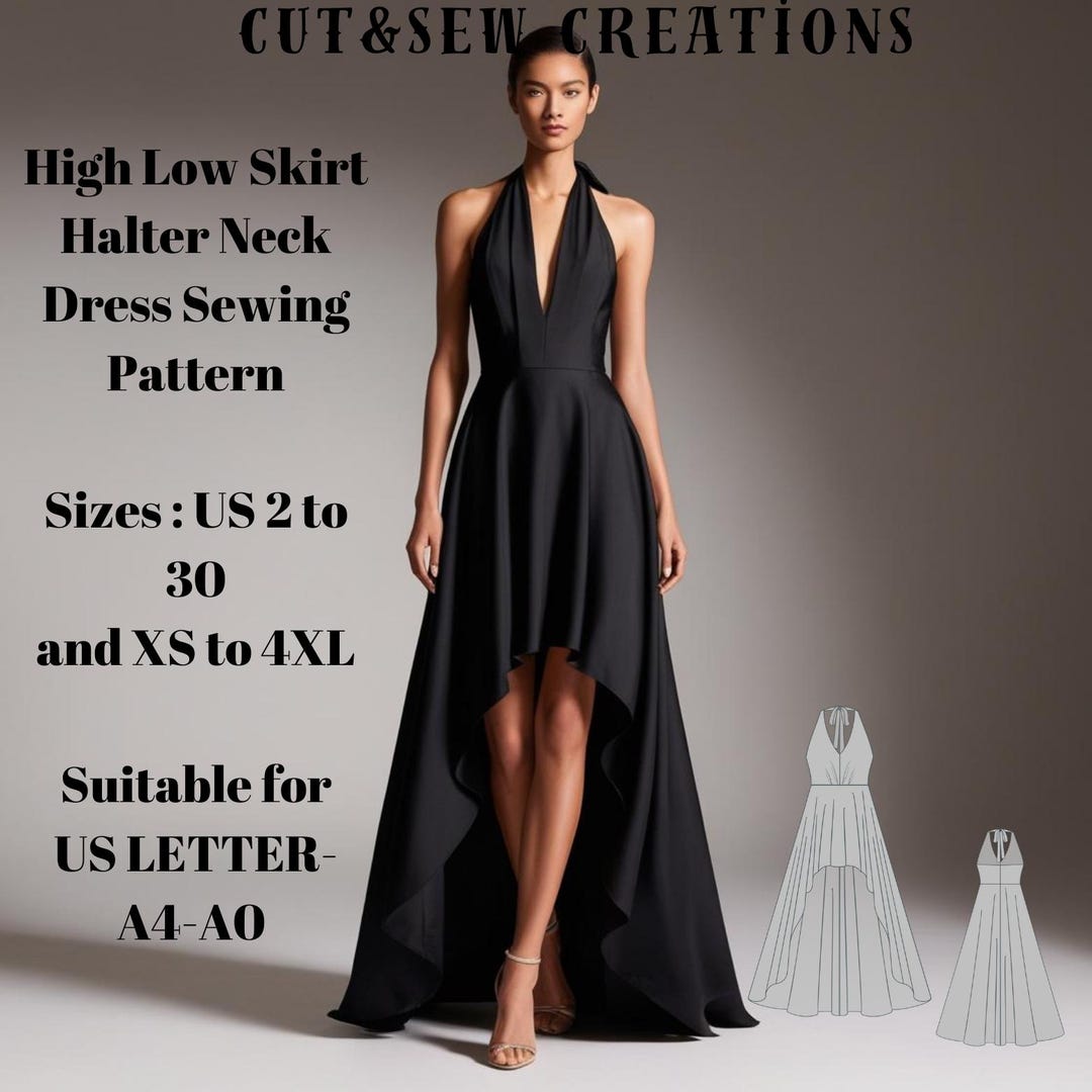 High Low Skirt Halter Neck Dress Sewing Pattern,sizes ;US 2 to 30 and ...