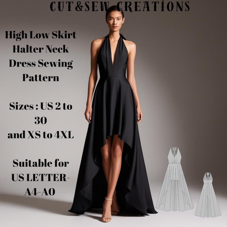 High Low Skirt Halter Neck Dress Sewing Pattern,sizes ;US 2 to 30 and ...