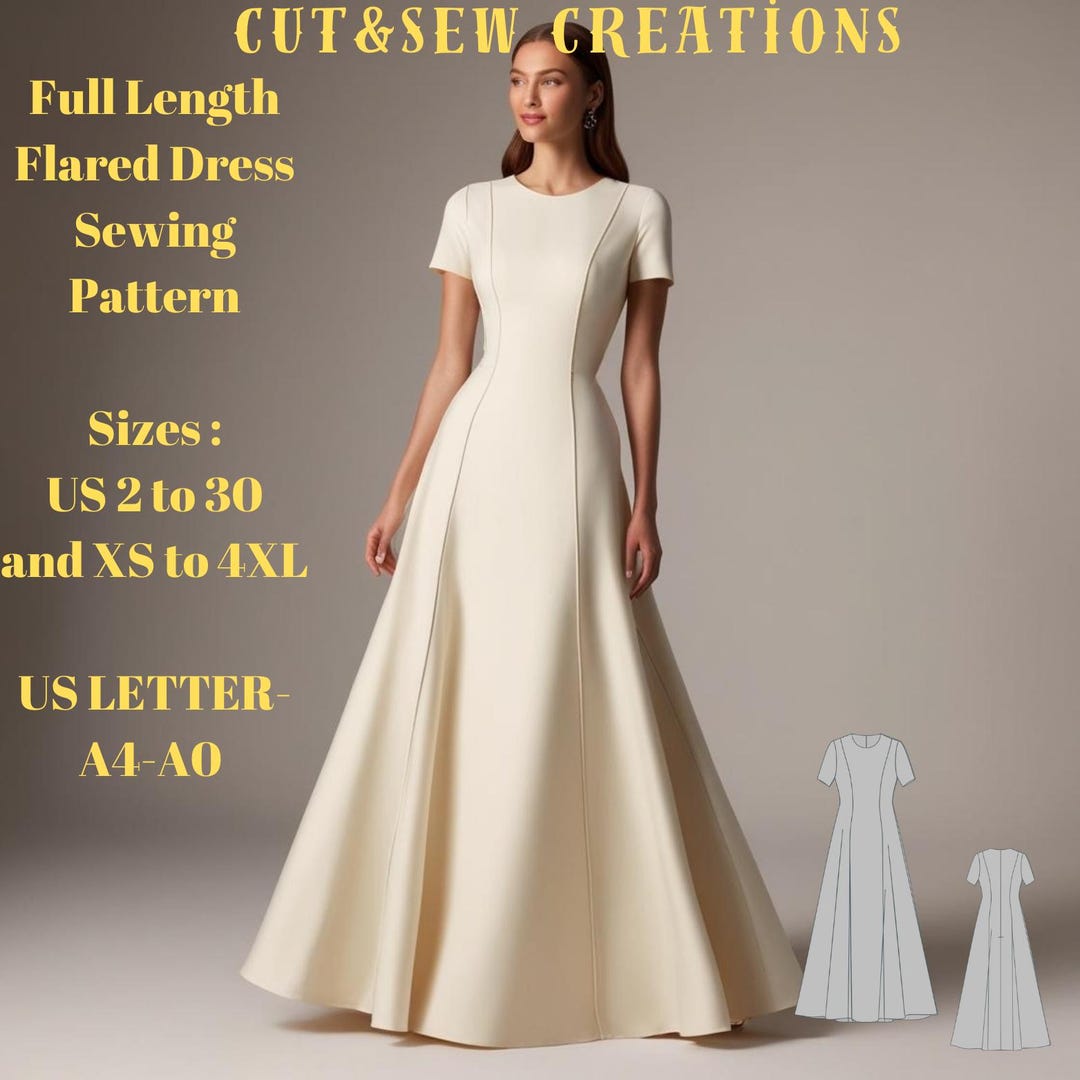 Full Length Flared Dress Sewing Pattern – Available in US Sizes 2-30 ...