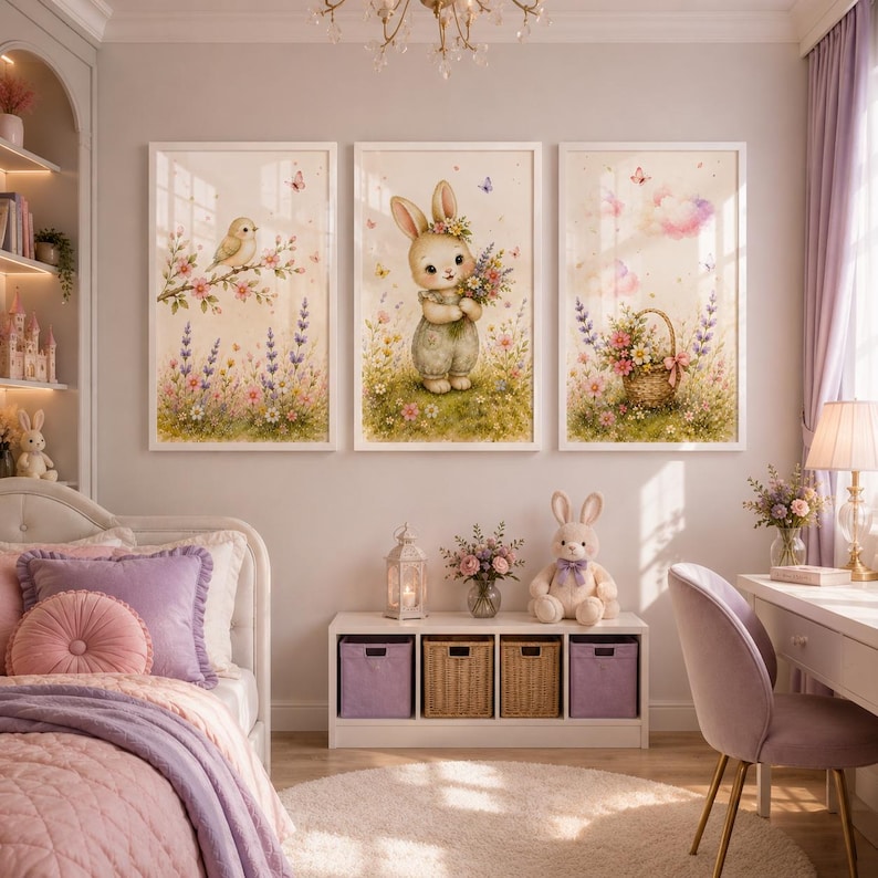 Set of 3 Watercolor Bunny Nursery Prints, Baby Girl Room Decor (digital ...