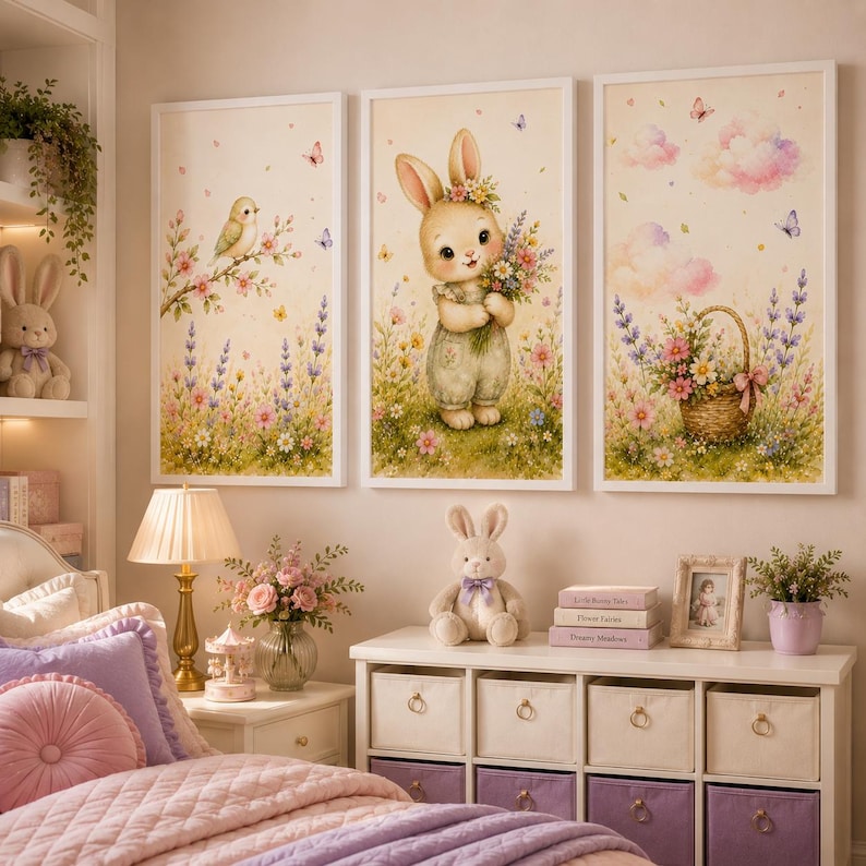 Set of 3 Watercolor Bunny Nursery Prints, Baby Girl Room Decor (digital ...