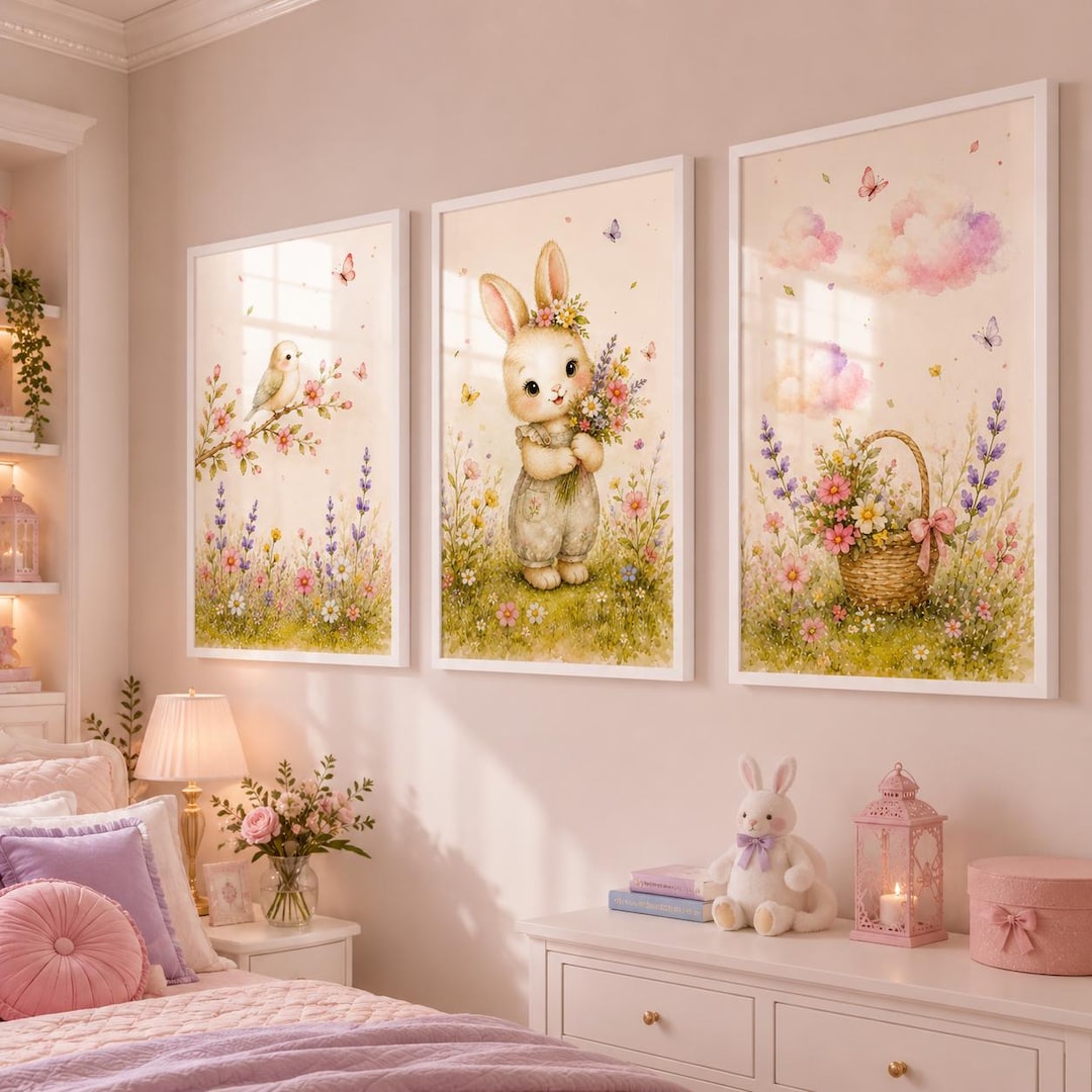 Set of 3 Watercolor Bunny Nursery Prints, Baby Girl Room Decor (digital ...