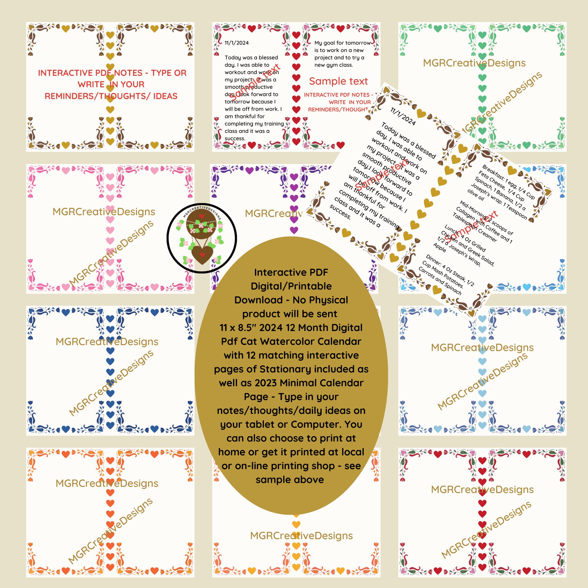 Interactive Pdf Printable 2024 Calendar Cat Printable Calendar Cat Watercolor Calendar Cat 