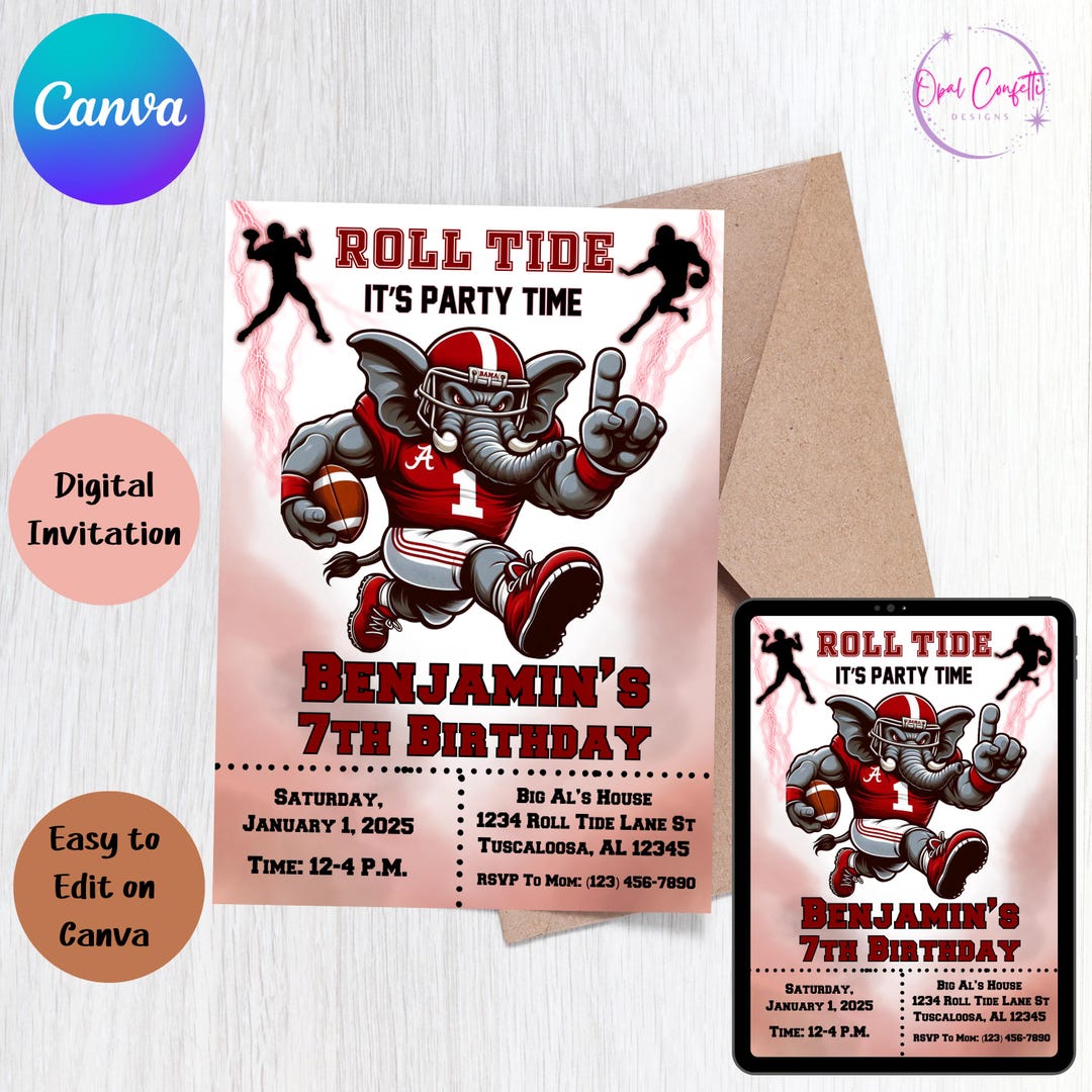 Editable Alabama Birthday Invitation | Crimson Football Party | Alabama ...