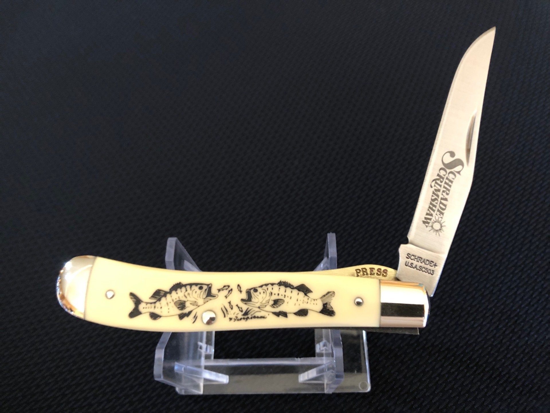 1985 Schrade Scrimshaw U.S.A. SC503 Largemouth Bass Pattern Liner Lock ...