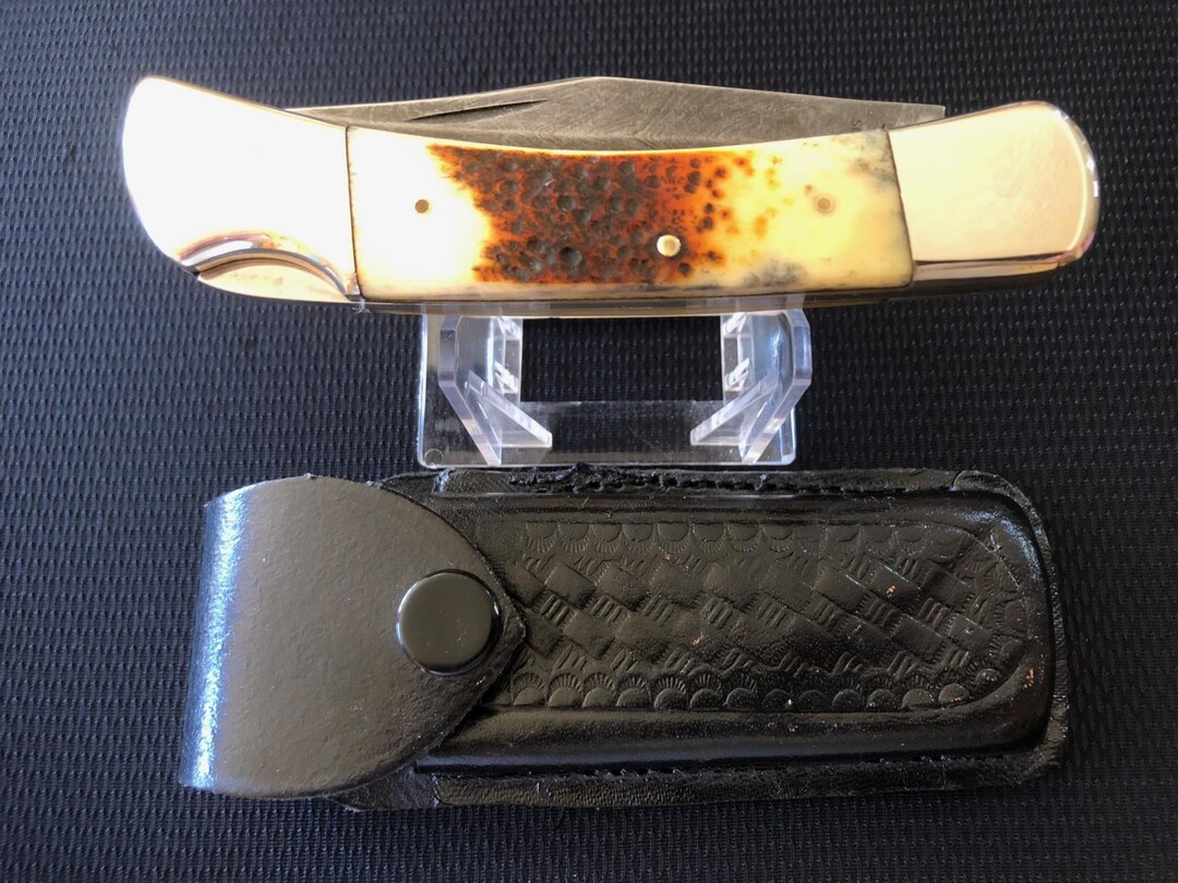 1980'S Parker Edwards Damascus Lock Blade Knife, Excellent Stag Handles ...