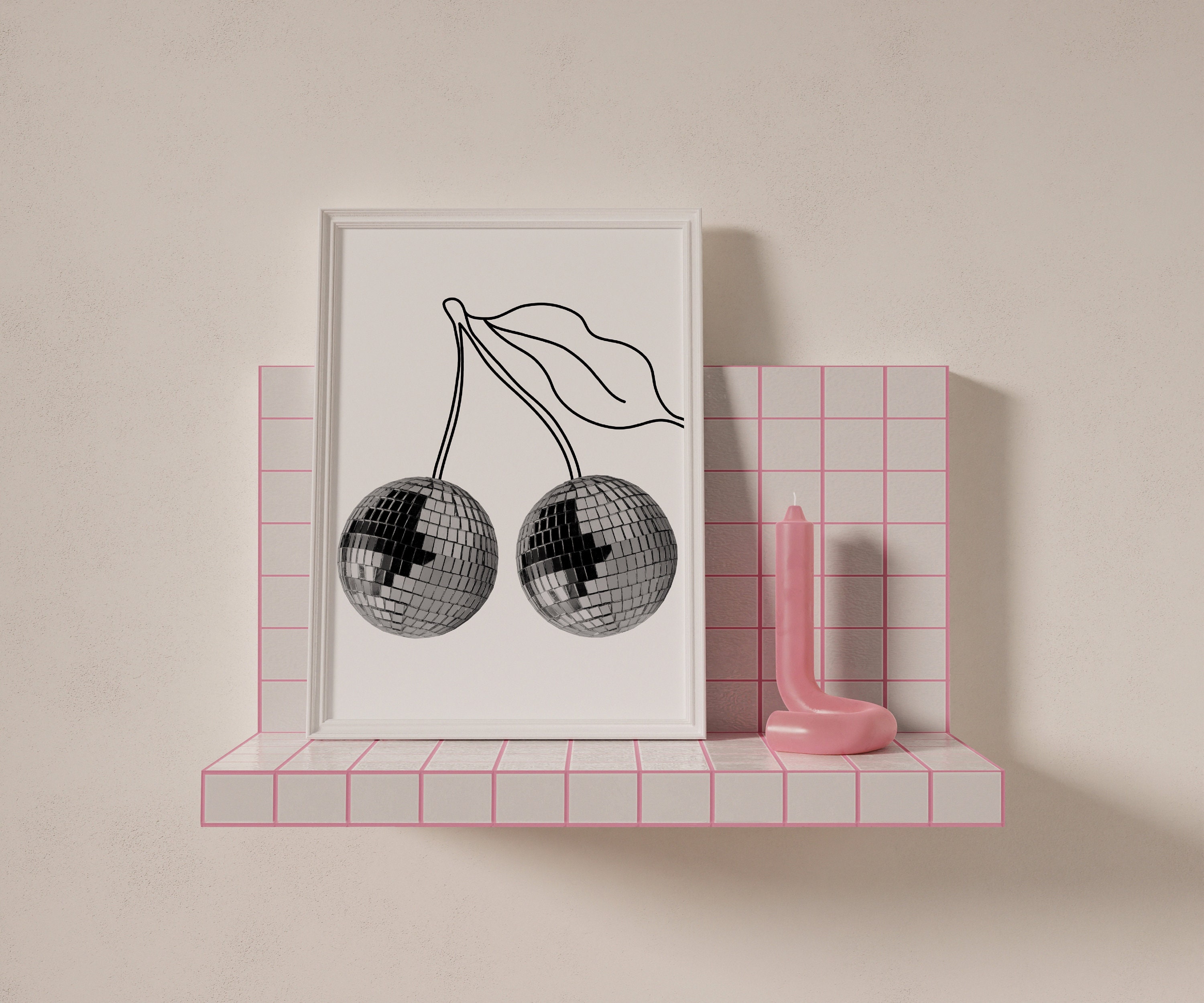 Retro Disco Ball Kirsche Print Trendige Wandkunst Disko Kirsche Preppy ...