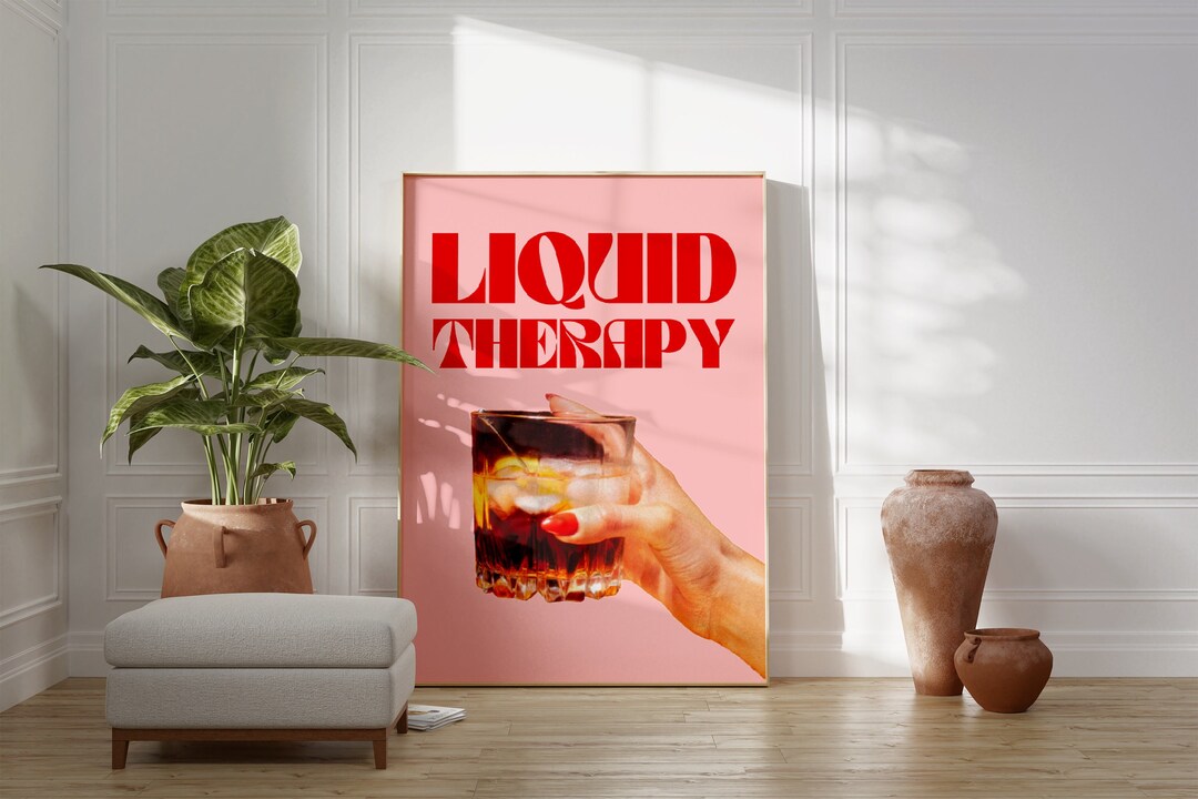 Cocktail Bar Cart Print | Liquid Therapy, Trendy Retro 70s Groovy Poster, Funky Dorm Room Decor ...