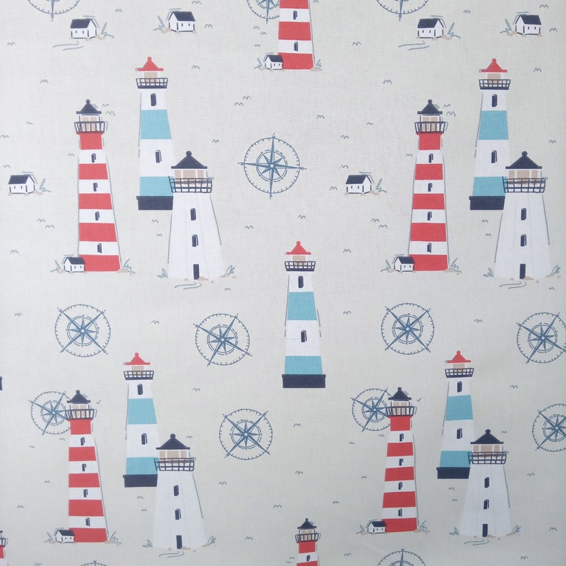 Lighthouse Fabric, Cotton Fabric With Lighthouses, Marine Fabric ...