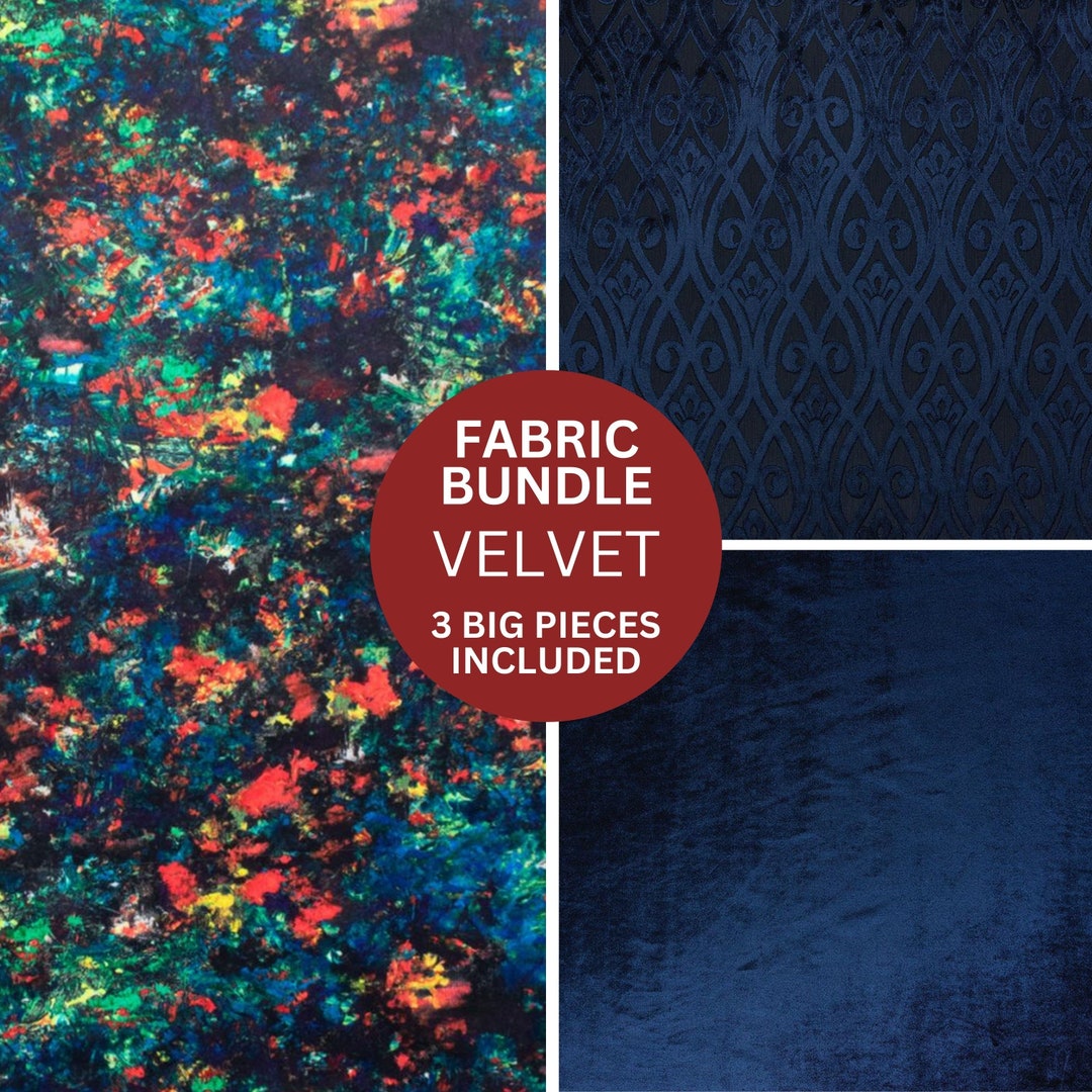 Navy Abstract Velvet Fabric Bundle, 3 Big Pcs, Velvet for Quilting ...