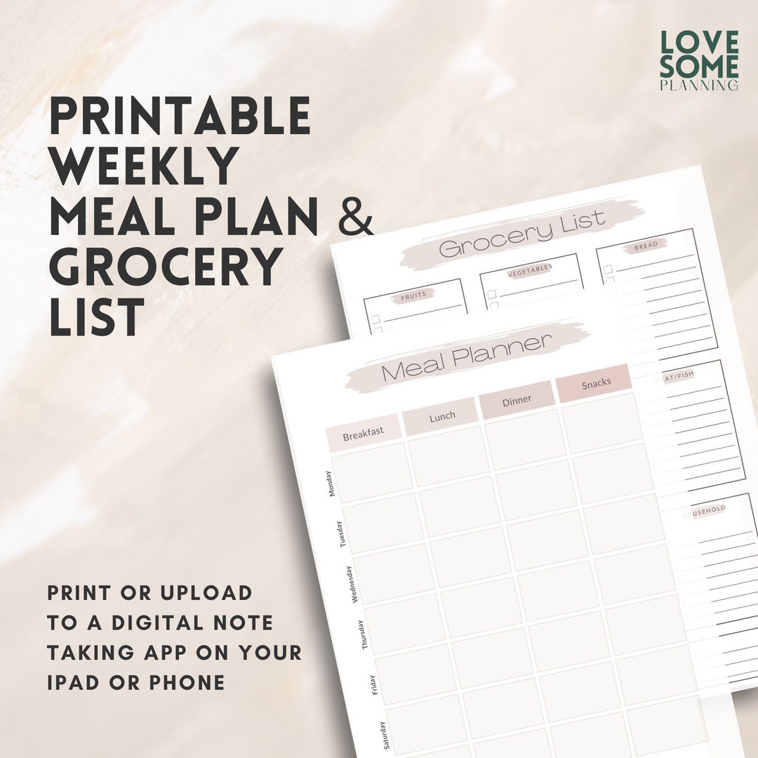 Weekly Meal Planner Grocery List Printable Weekly Menu Planner Meal ...