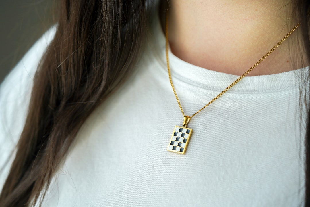 18K Gold Plated Necklace, Checkered Necklace, Black and White Geometric ...