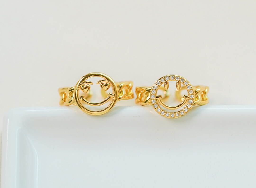 Gold Smiley Face Ring, Adjustable Ring, Statement Rings, Happy Face ...