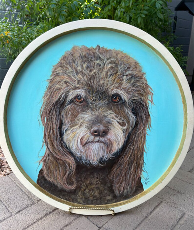 Labradoodle, Goldendoodle Acrylic Dog Painting on Twenty Inch Diameter ...