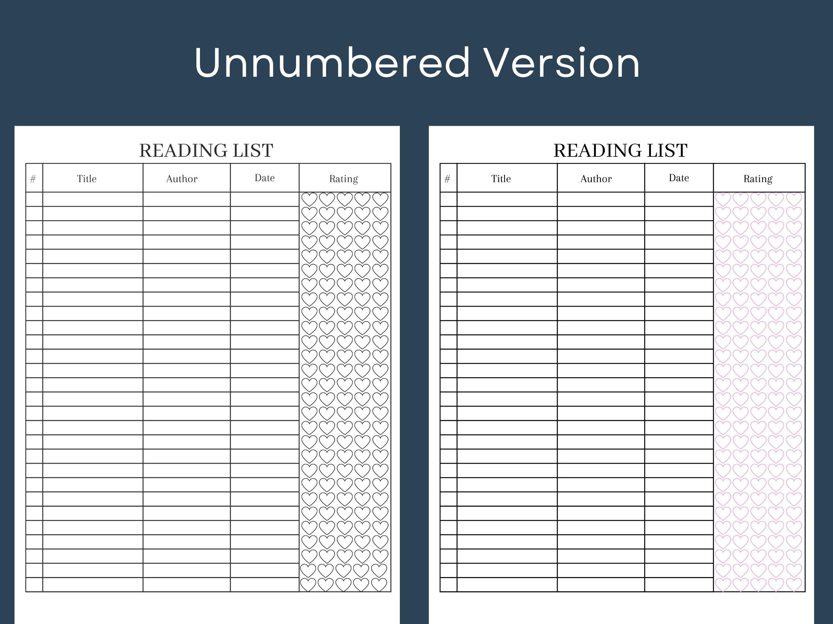 Reading List Tracker Printable, Reading Log Book Tracker Journal ...