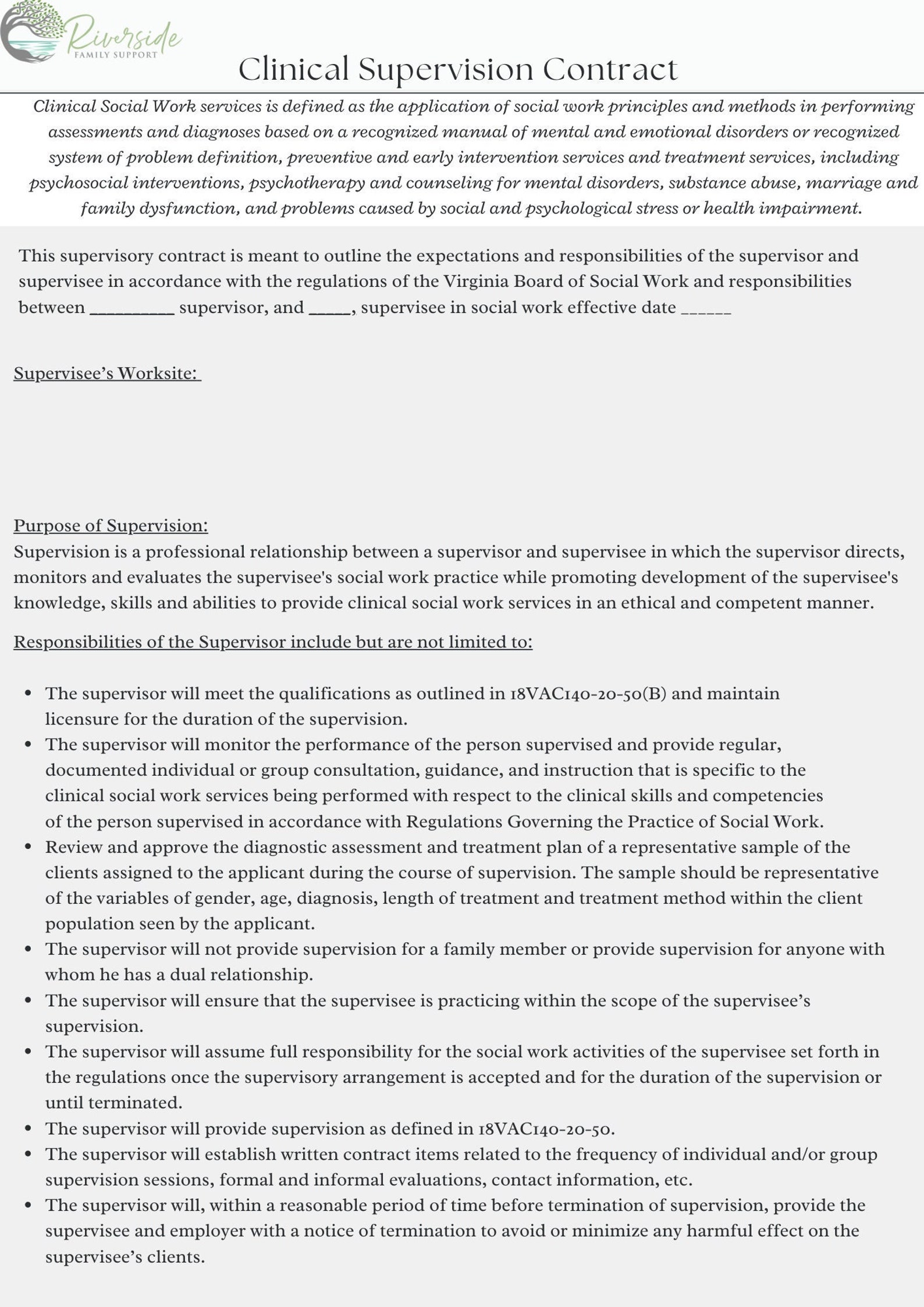 Supervision Contract (LCSW, LPC, MSW, Counseling, Mft) - Etsy