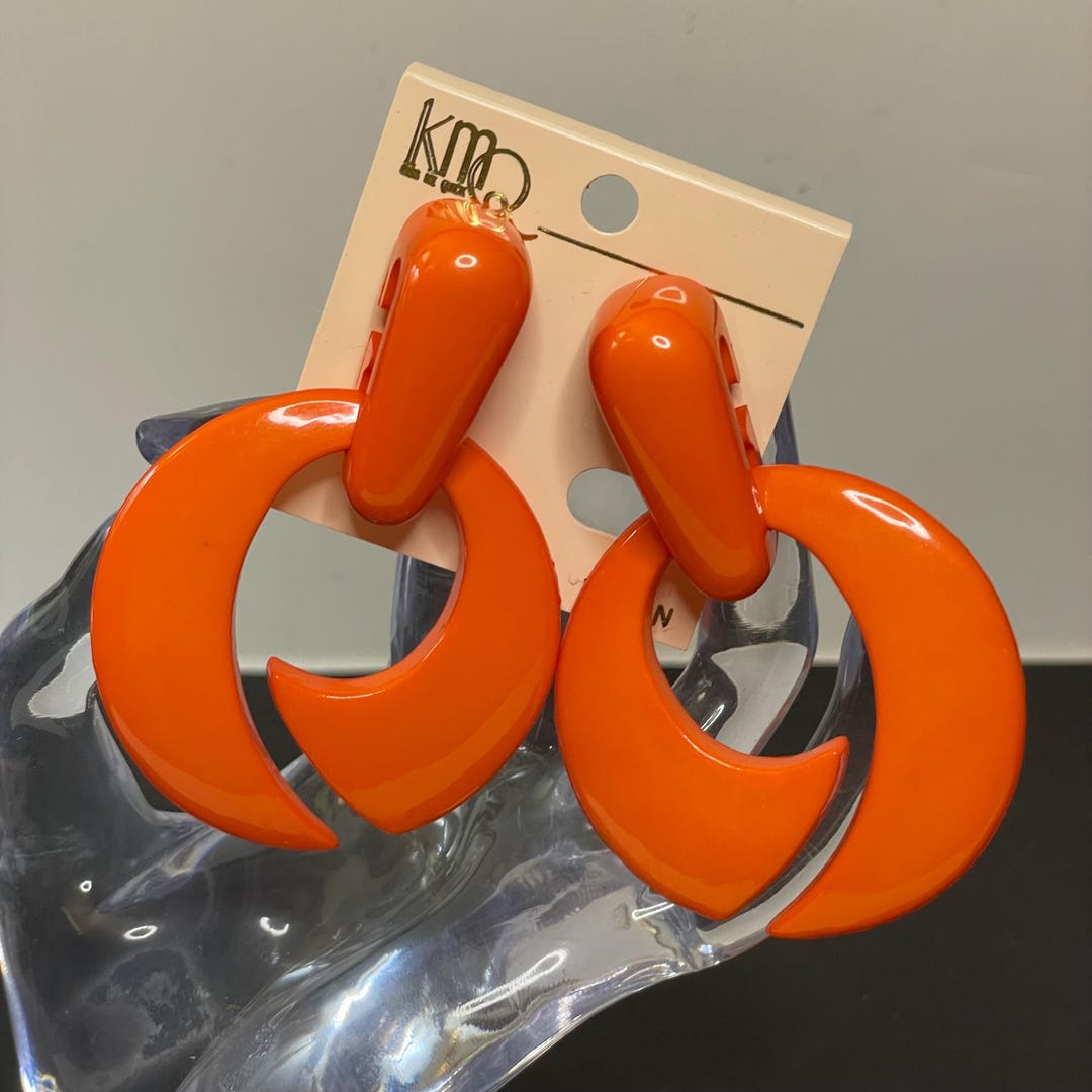 80’s KMQ Taiwan Large Plastic Orange Door Knocker Earrings - Etsy