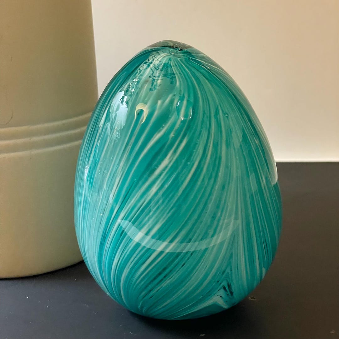 Art Glass Hollow Egg Shaped Blue Green and White Swirls Paperweight - Etsy
