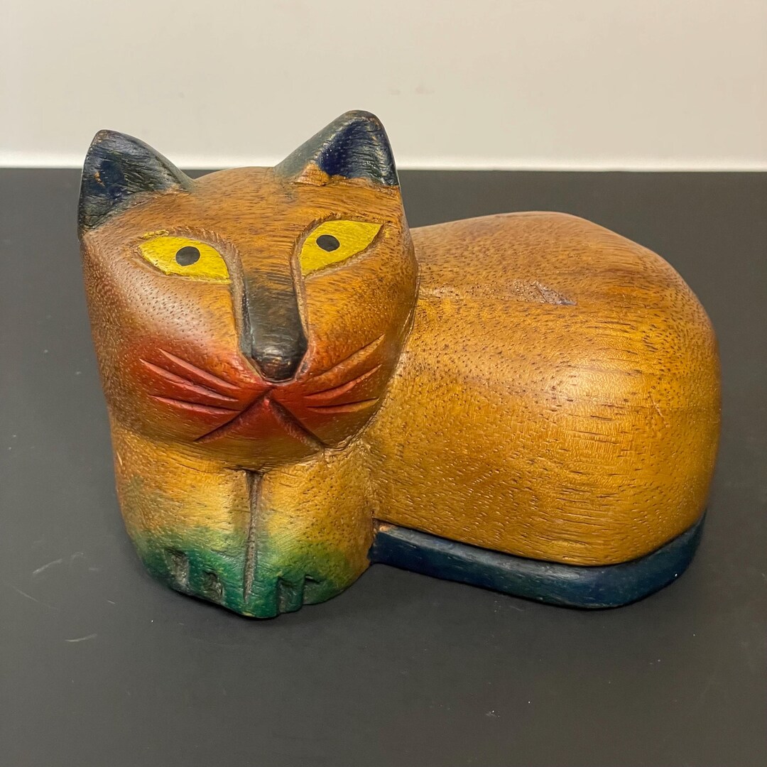 Vintage Pier 1 Hand Carved and Painted Wooden Cat Sculpture - Etsy