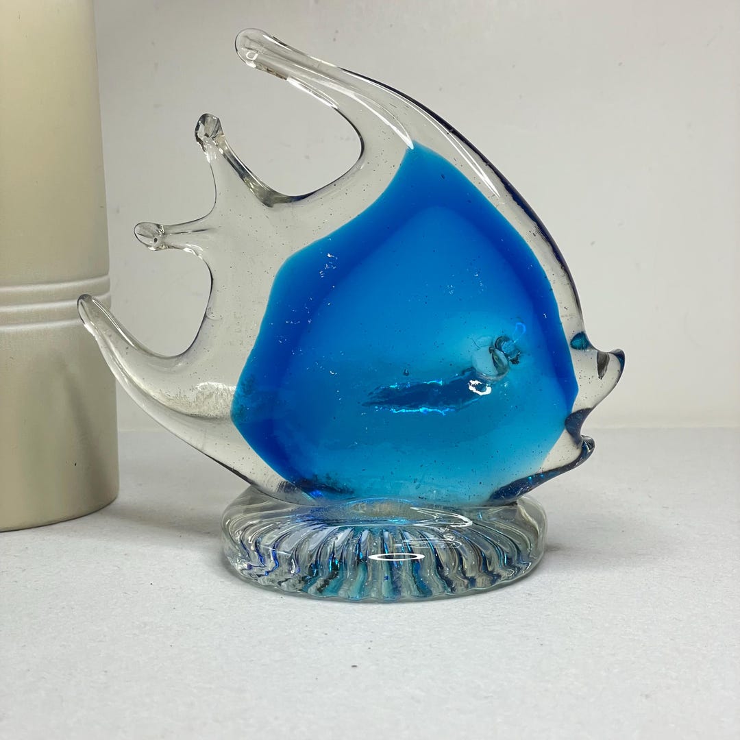Vintage Hand Blown Art Glass Blue Fish on Base Paperweight - Etsy