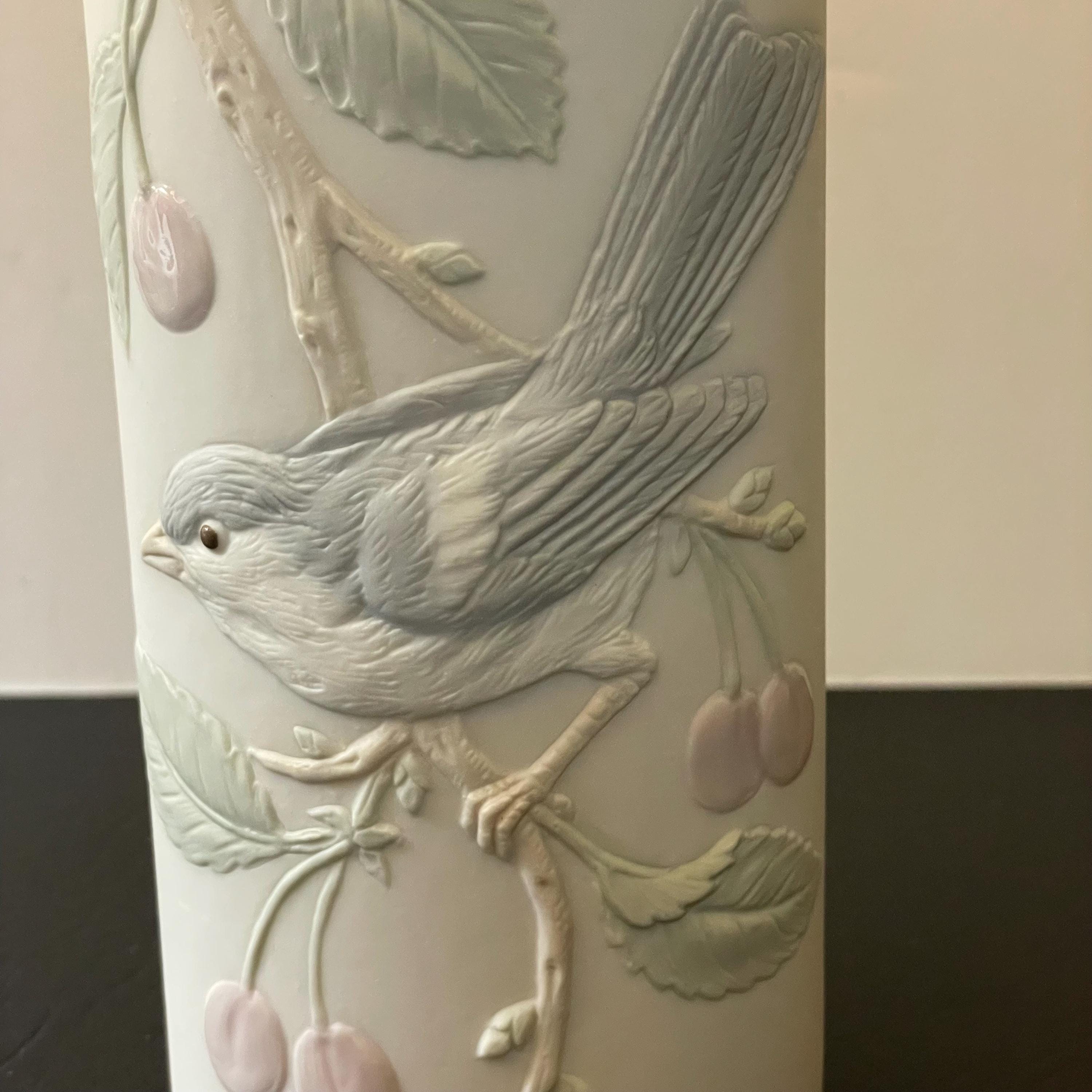 Crowning Touch Japan 3D Blue Bird Cherries Bisque Porcelain Cylindrical ...