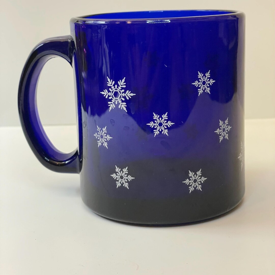 Cobalt Blue Glass Coffee Mug White Snowflakes Made in USA - Etsy