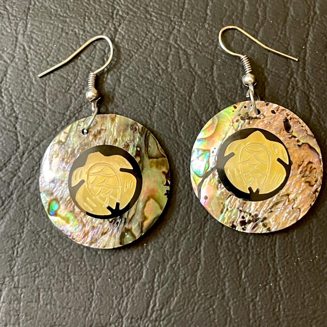 Handcrafted Resin Abalone Shell Inlay Turtle Round Drop Dangle Earrings ...