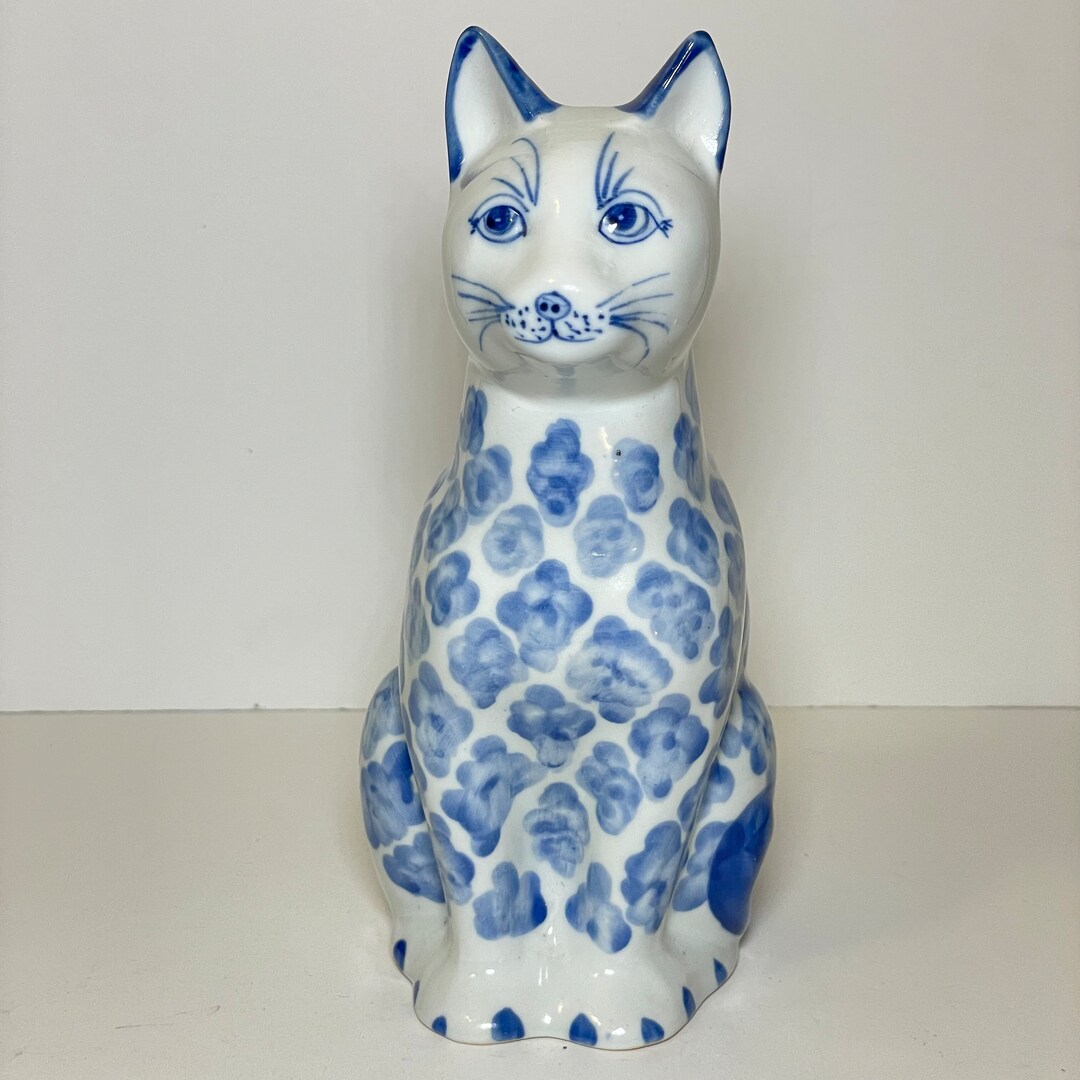 Vintage Ceramic Hand Painted Delft Blue Sitting Cat Figurine - Etsy