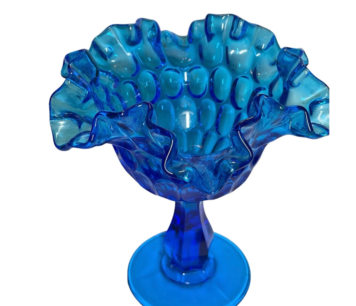 Vintage Blue Glass Ruffled Edge Thumbprint Footed Dish - Etsy