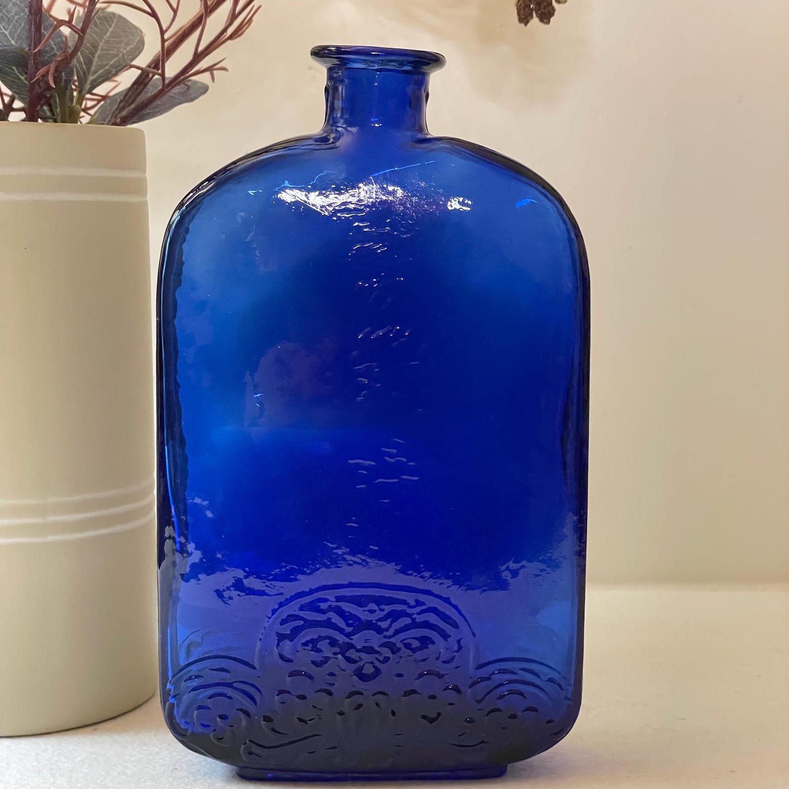 Vintage Cobalt Blue Apothecary Bottle With Scroll Design - Etsy