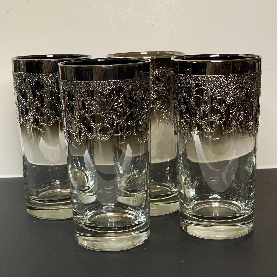 Vintage MCM Glasses Tumblers Fade Silver Grape Rim Design 10oz Set of 4 ...