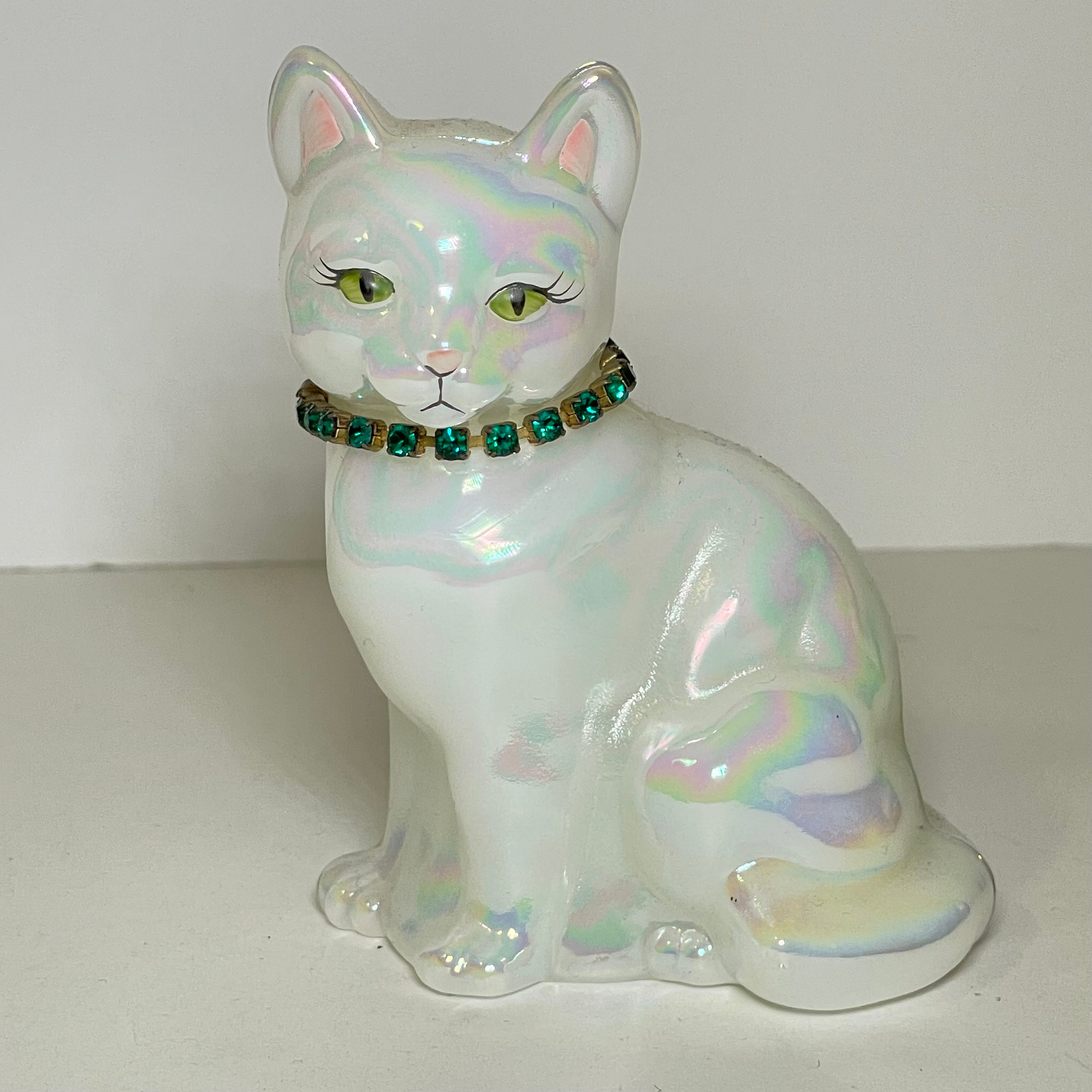 Fenton Opalescent Glass Cat Figurine Green Rhinestone Collar Hand ...