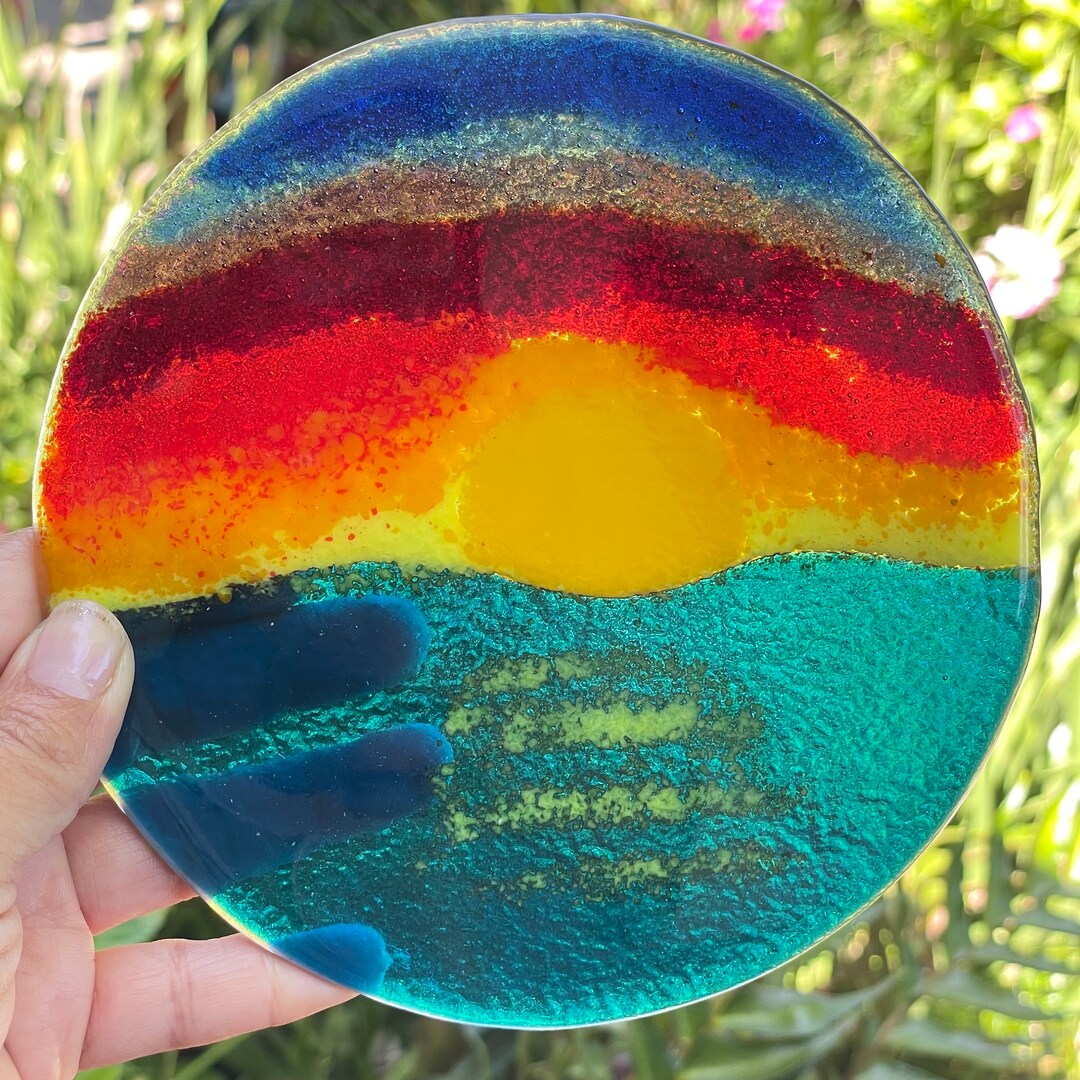 Fused Glass Art Hand Made Ocean Sunset Glass Window Panel Glass Disk - Etsy