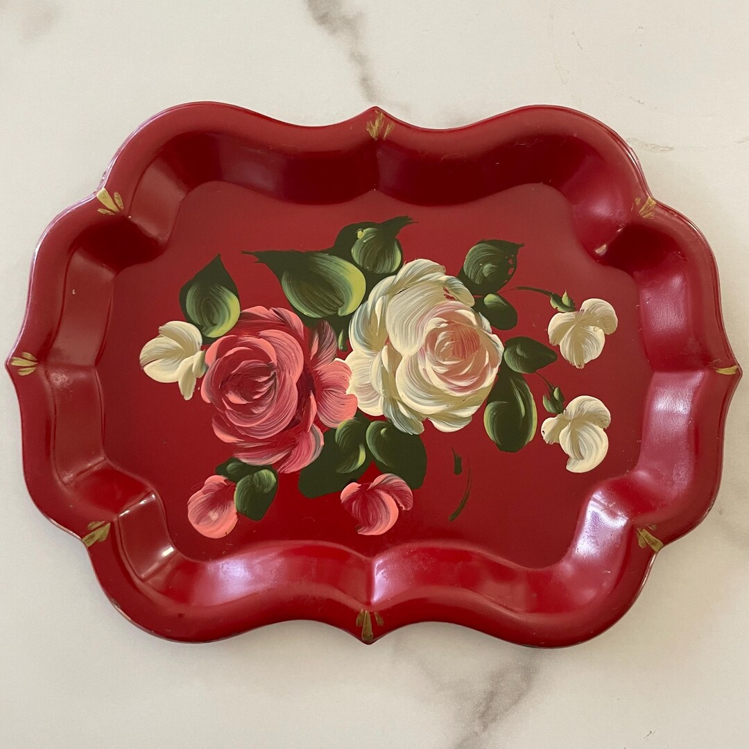 Vintage Red Hand Painted Tole Tray Floral Design Scalloped Edge - Etsy