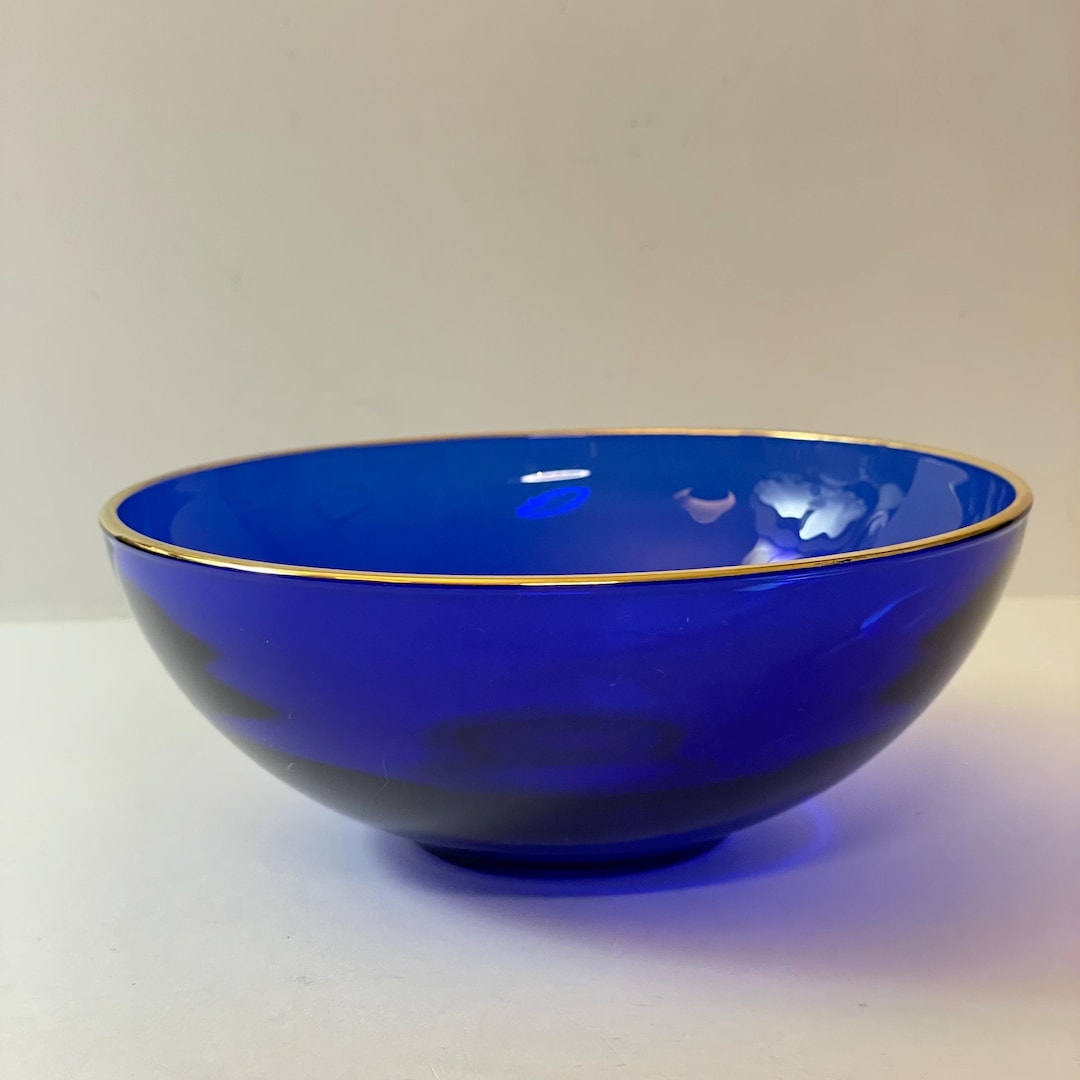 Vintage Cobalt Blue Glass Gold Rim Bowl - Etsy