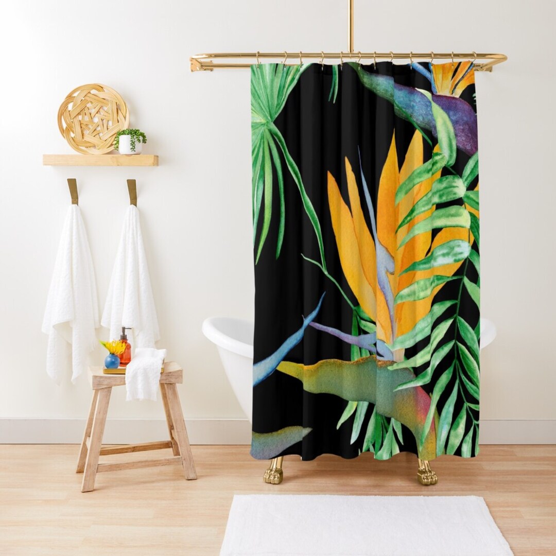 Bird of Paradise Flower Print Shower Curtain, Tropical Print Bath Curtain, Floral Bathroom ...