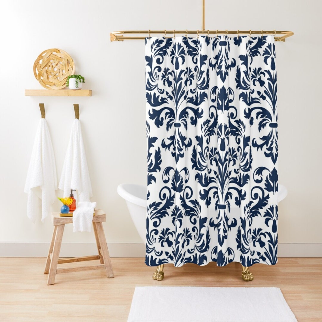 Blue White Shower Curtain, Damask Shower Curtain Boho, Modern Farmhouse ...