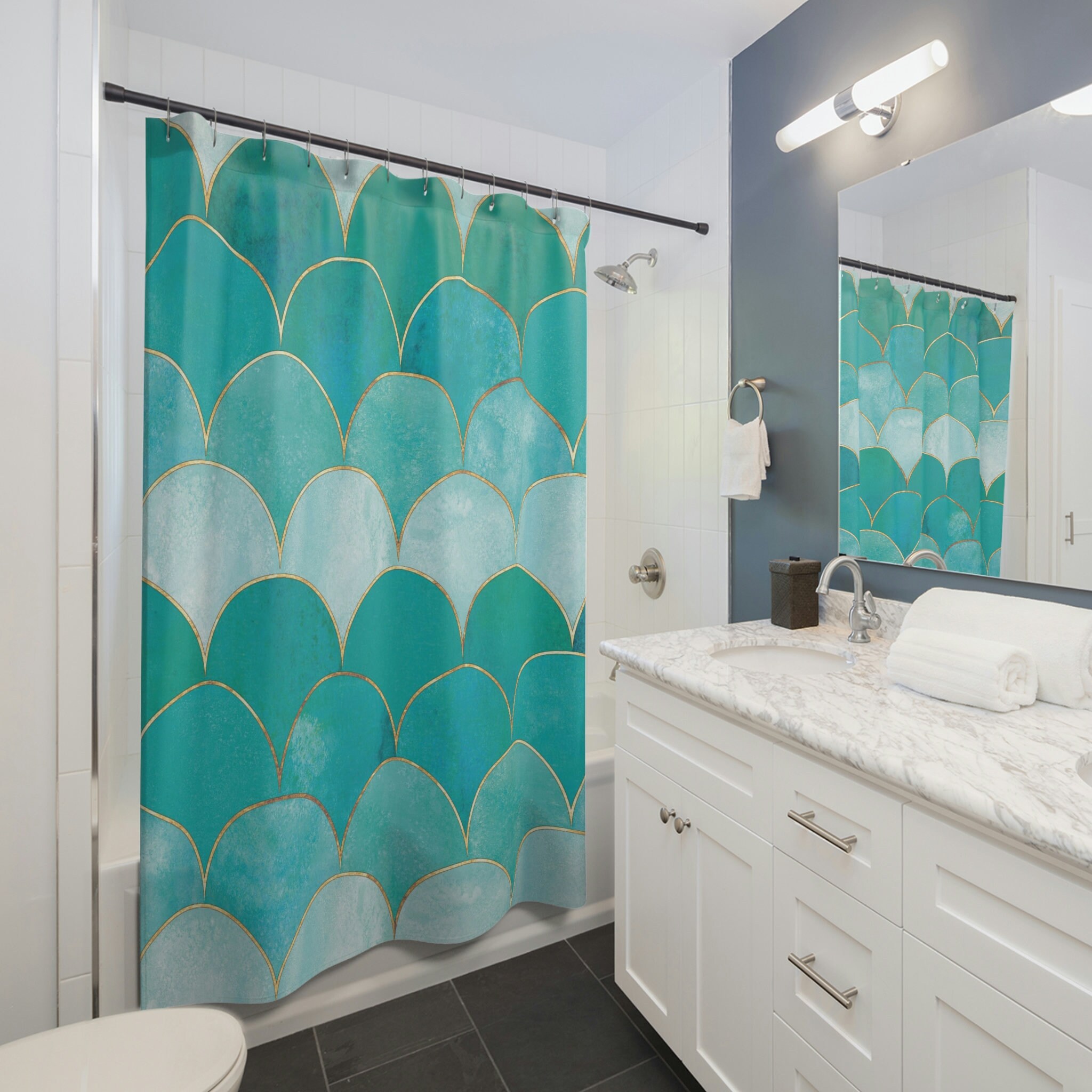Mermaid Fish Scale Teal and White Shower Curtain, Ocean Theme Shower ...