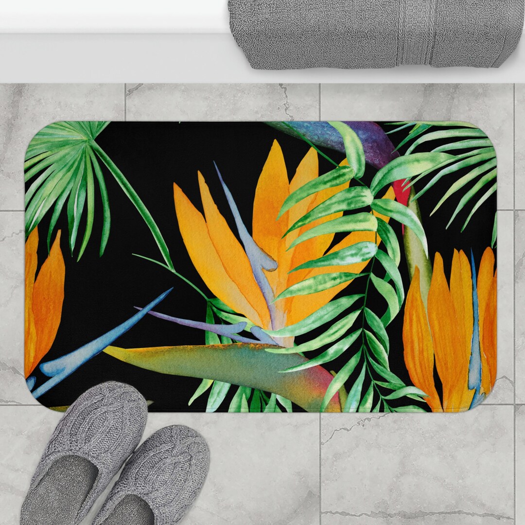 Birds of Paradise Bath Mats, Tropical Shower Mat, Black Orange and ...