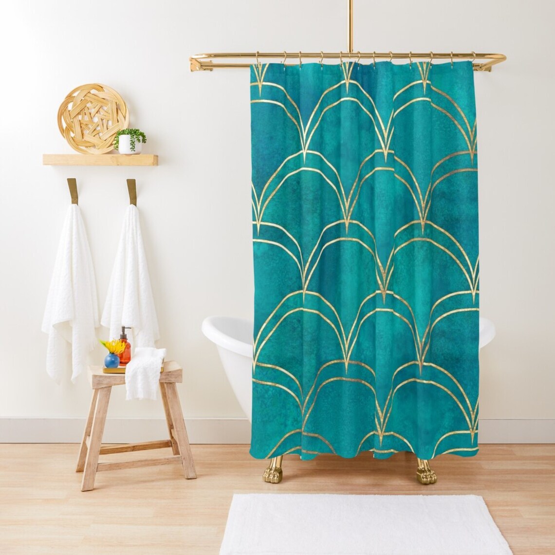 Teal and Gold Mermaid Scales Shower Curtain, Ocean Theme Shower Curtain ...