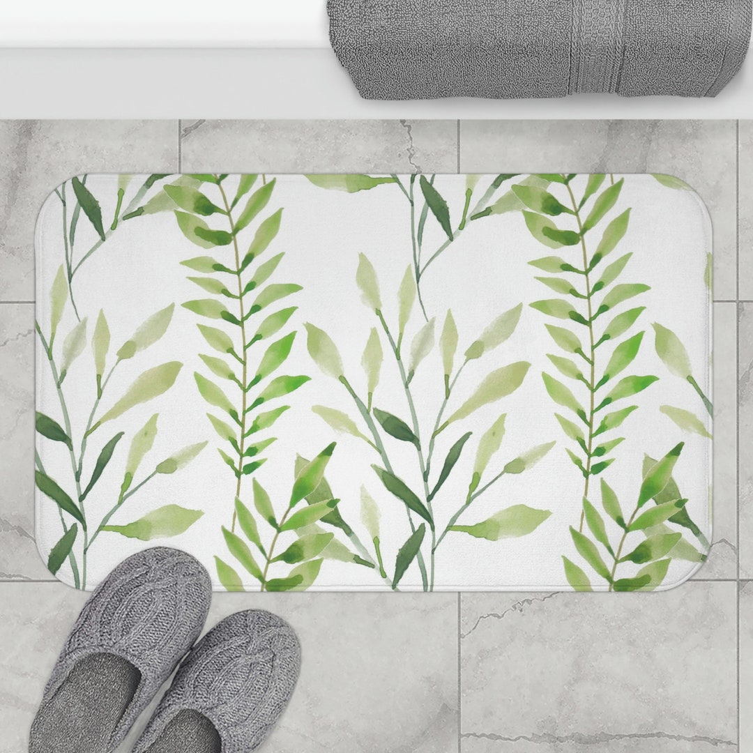 Green Leaf Print Bath Mat, Farmhouse Bathroom Accessories, Leaves Bath ...
